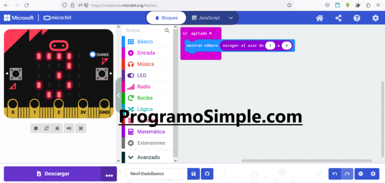 Dado Básico en MicroBIT - ProgramoSimple.com