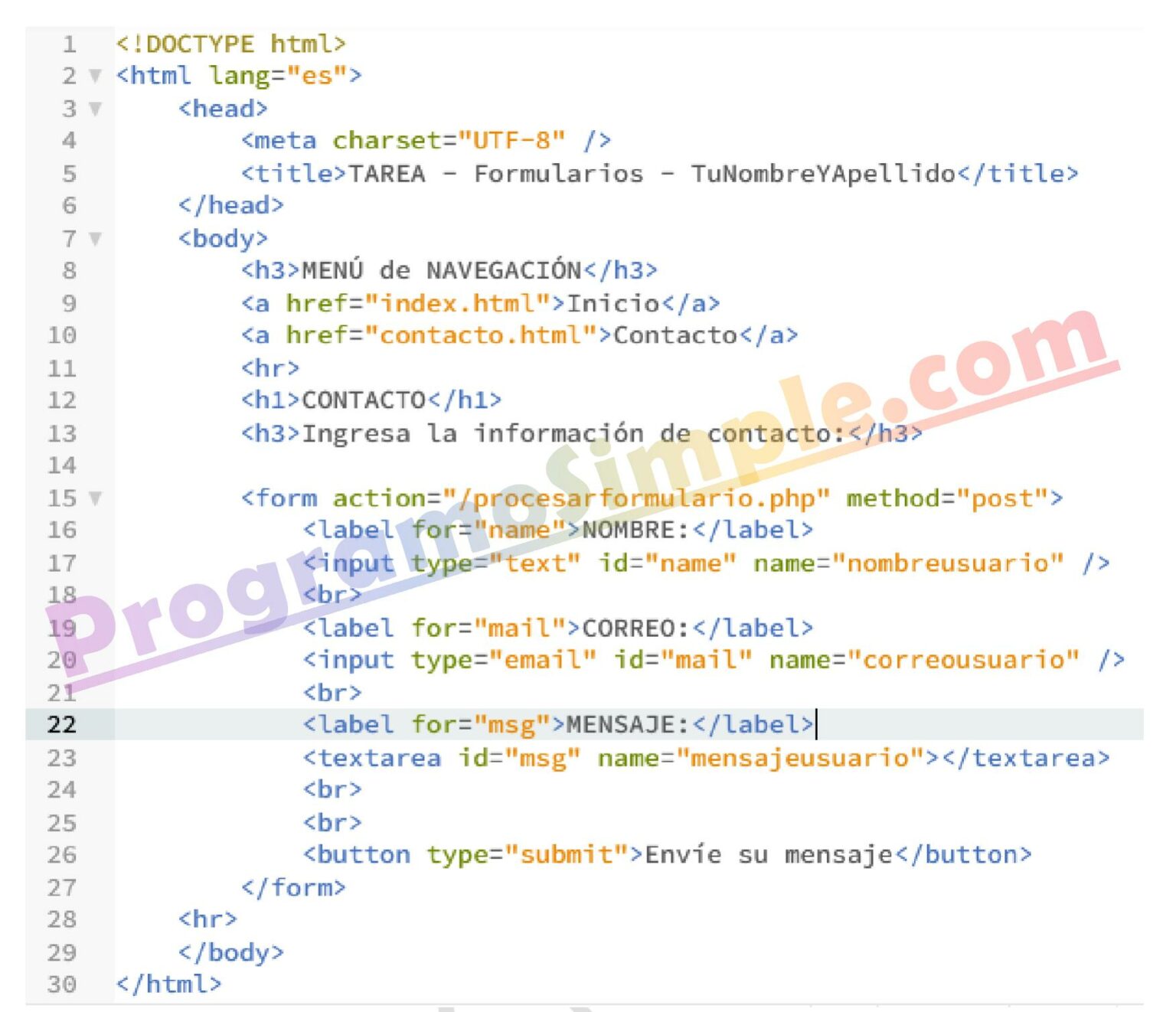 HTML5 Básico – Formularios – Ejemplo Contactos - ProgramoSimple.com